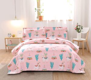 ycosy kids girls alpaca cactus quilt set twin size llama bedding lightweight animal cartoon bedspread coverlets all season bedding set ，1 quilt and 2 pillow shams