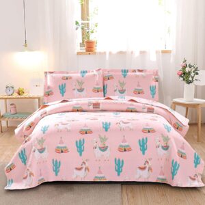 Ycosy Kids Girls Alpaca Cactus Quilt Set Twin Size Llama Bedding Lightweight Animal Cartoon Bedspread Coverlets All Season Bedding Set ，1 Quilt and 2 Pillow Shams