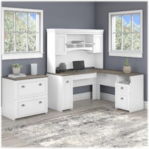 Bush FV003G2W 60-Inch L-Shaped Desk w/Hutch, Lateral File Cabinet Shiplap Gray/Pure White