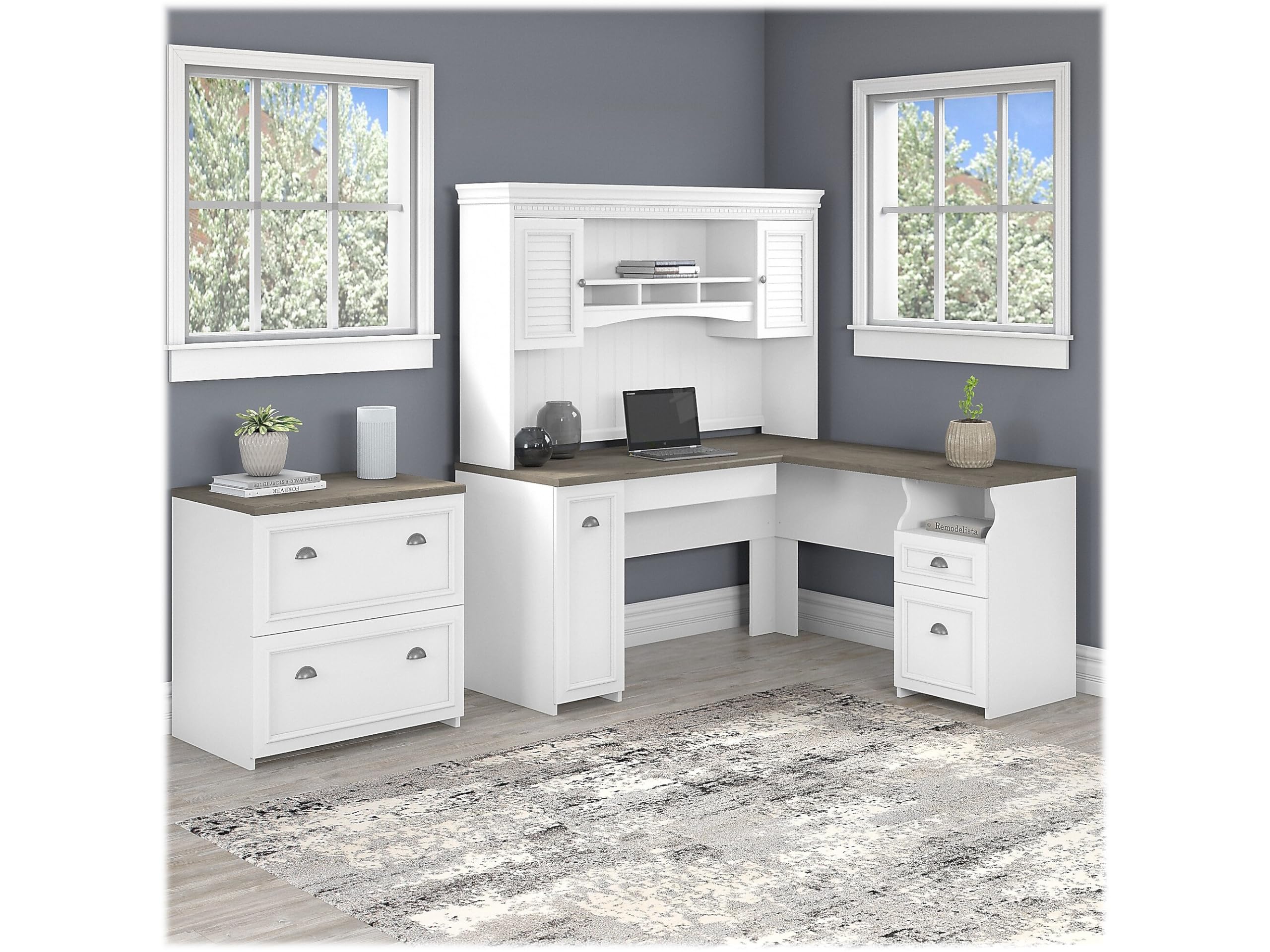 Bush FV003G2W 60-Inch L-Shaped Desk w/Hutch, Lateral File Cabinet Shiplap Gray/Pure White