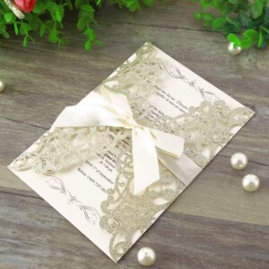 Hosmsua 50PCS 5.12 x 7.3 Glitter Laser Cut Wedding Invitations with bowknot and Envelopes Light Gold Wedding Bridal Shower Engagement Birthday Invitation (Champagne Glitter)