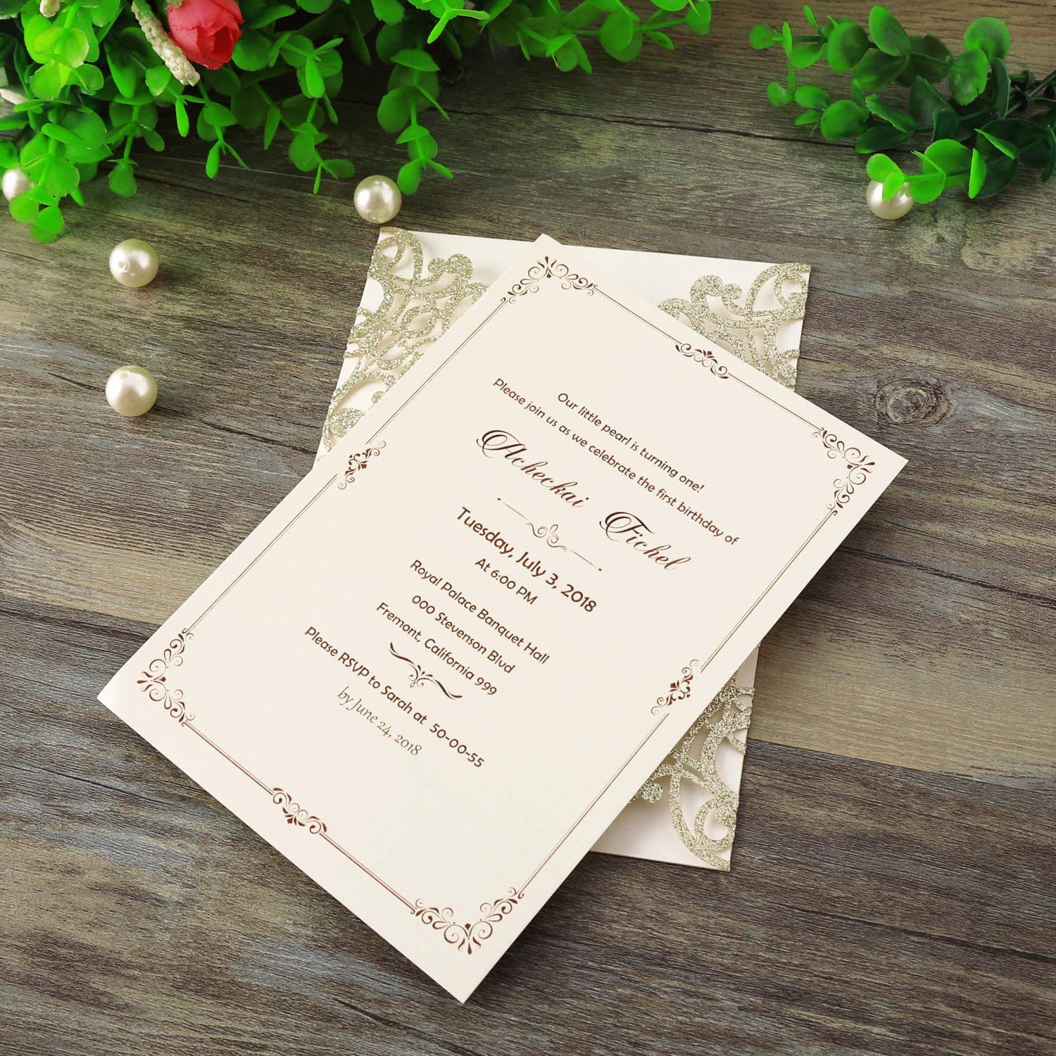 Hosmsua 50PCS 5.12 x 7.3 Glitter Laser Cut Wedding Invitations with bowknot and Envelopes Light Gold Wedding Bridal Shower Engagement Birthday Invitation (Champagne Glitter)