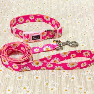 Olahibi Dog Collar and Leash Set, Cute Pink Daisy Pattern, Polyester Material, 5ft Leash, for Small Dogs.(S, Daisy Set)