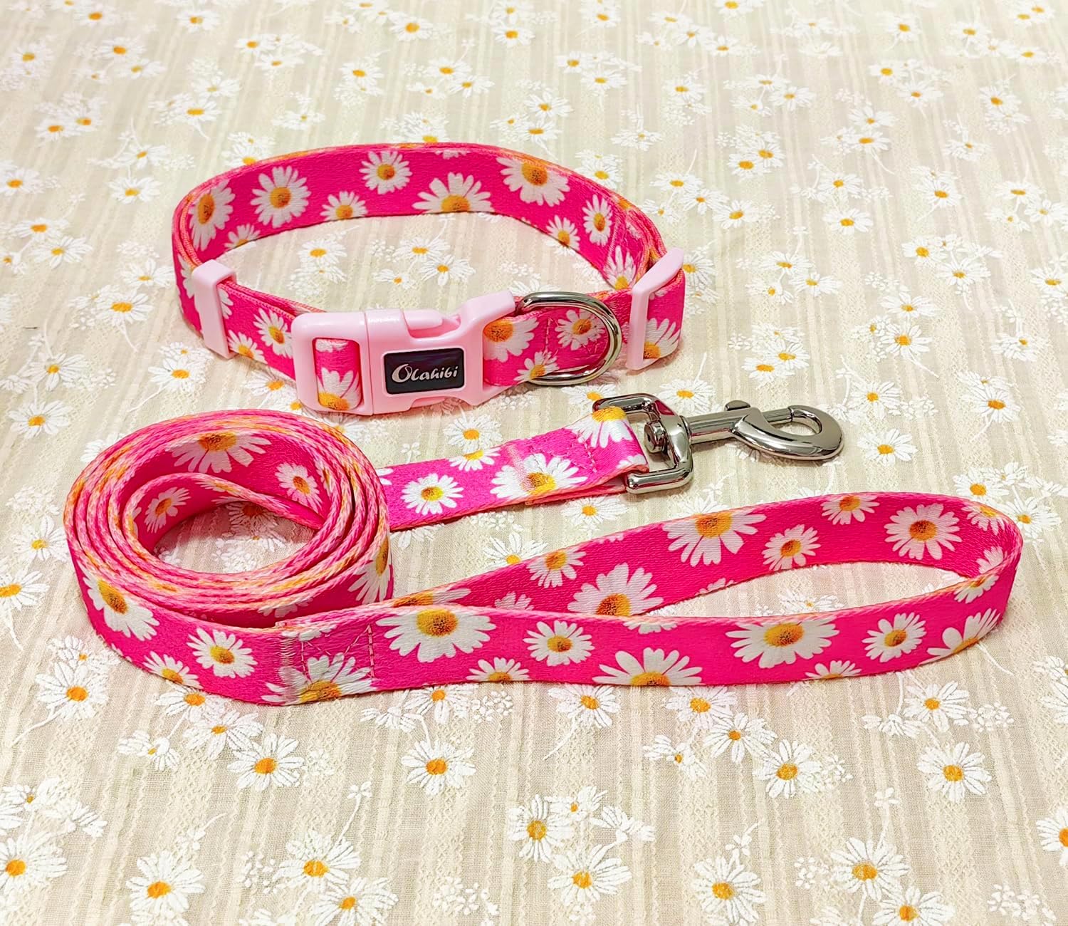 Olahibi Dog Collar and Leash Set, Cute Pink Daisy Pattern, Polyester Material, 5ft Leash, for Small Dogs.(S, Daisy Set)