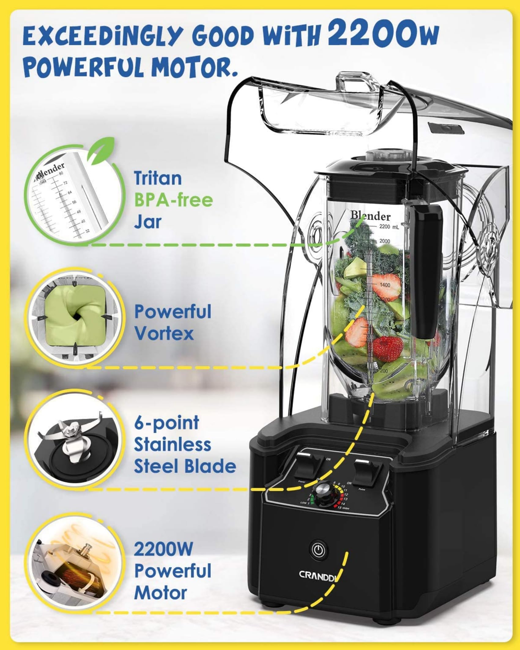 CRANDDI Commercial Quiet Blender, 2200 Watt Professional Countertop Blender with BPA-FREE 80oz Pitcher, Built-in Pulse & 15-speeds Control, Smoothie Blender for Commercial and Home, K90 Black