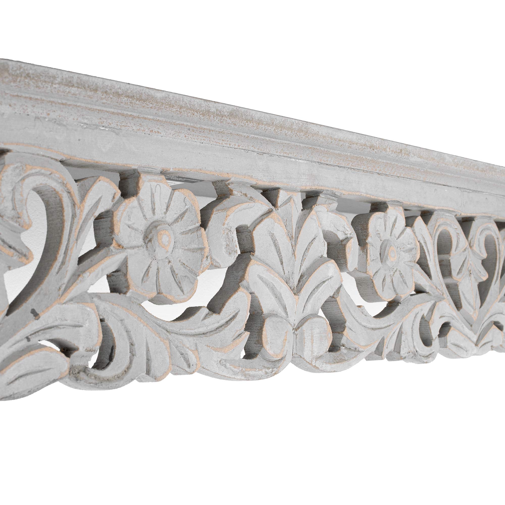 American Art Decor Hand-Carved Medallion Floating Wall Shelf - Grey (30”)