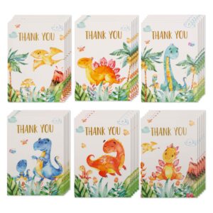 vns creations dinosaur thank you cards – 30 cute dinosaur cards with envelopes & stickers for kids birthday, toddler thank you notes, and baby shower thank you cards