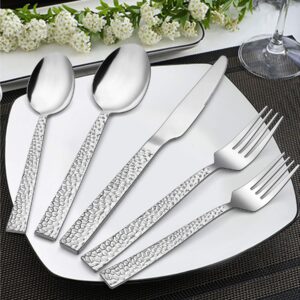 LIANYU 60-Piece Silverware Set for 12, Stainless Steel Flatware Set, Hammered Square Cutlery Eating Utensils Set for Home Party Wedding, Dishwasher Safe, Mirror Finished