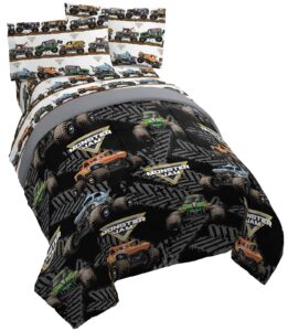 jay franco monster jam tracks 5 piece full bed set - includes comforter & sheet set - bedding features grave digger &,megalodon - super soft fade resistant microfiber (official monster jam product)