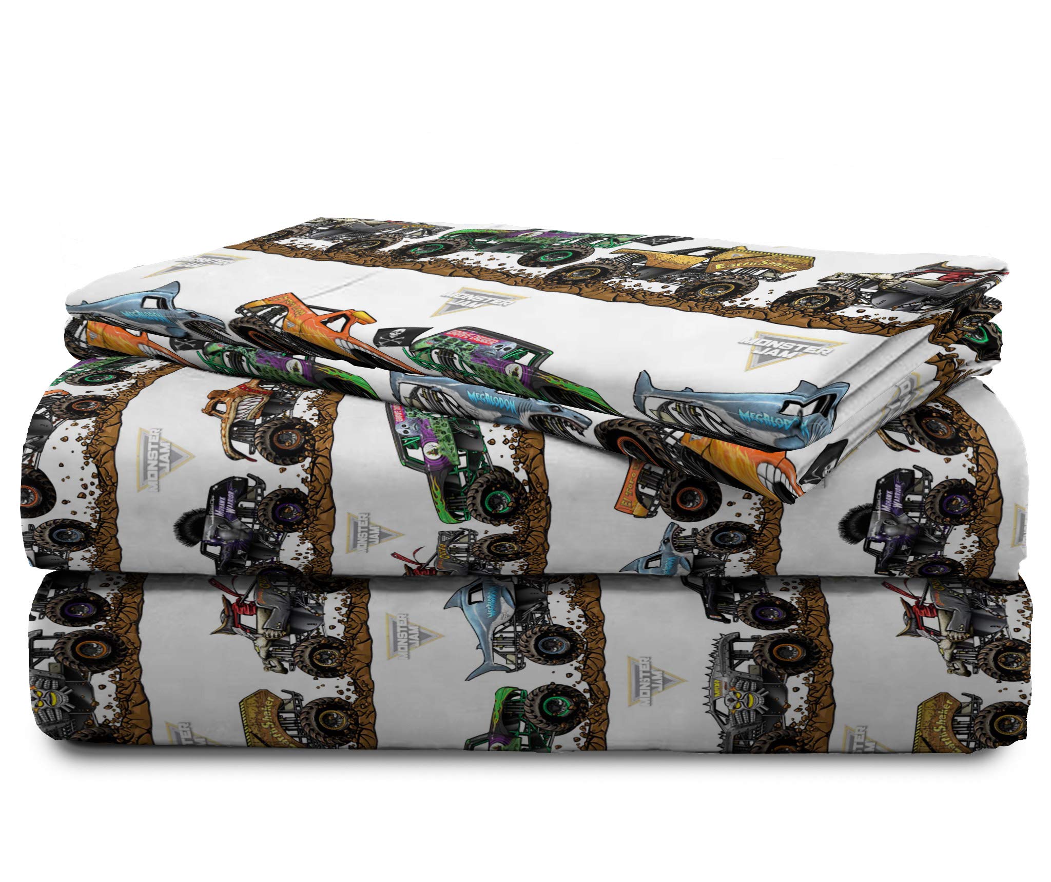 Jay Franco Monster Jam Truckin' Pals Twin Sheet Set - 3 Piece Set Super Soft and Cozy Kid’s Bedding Features Grave Digger & Megalodon - Fade Resistant Microfiber Sheets