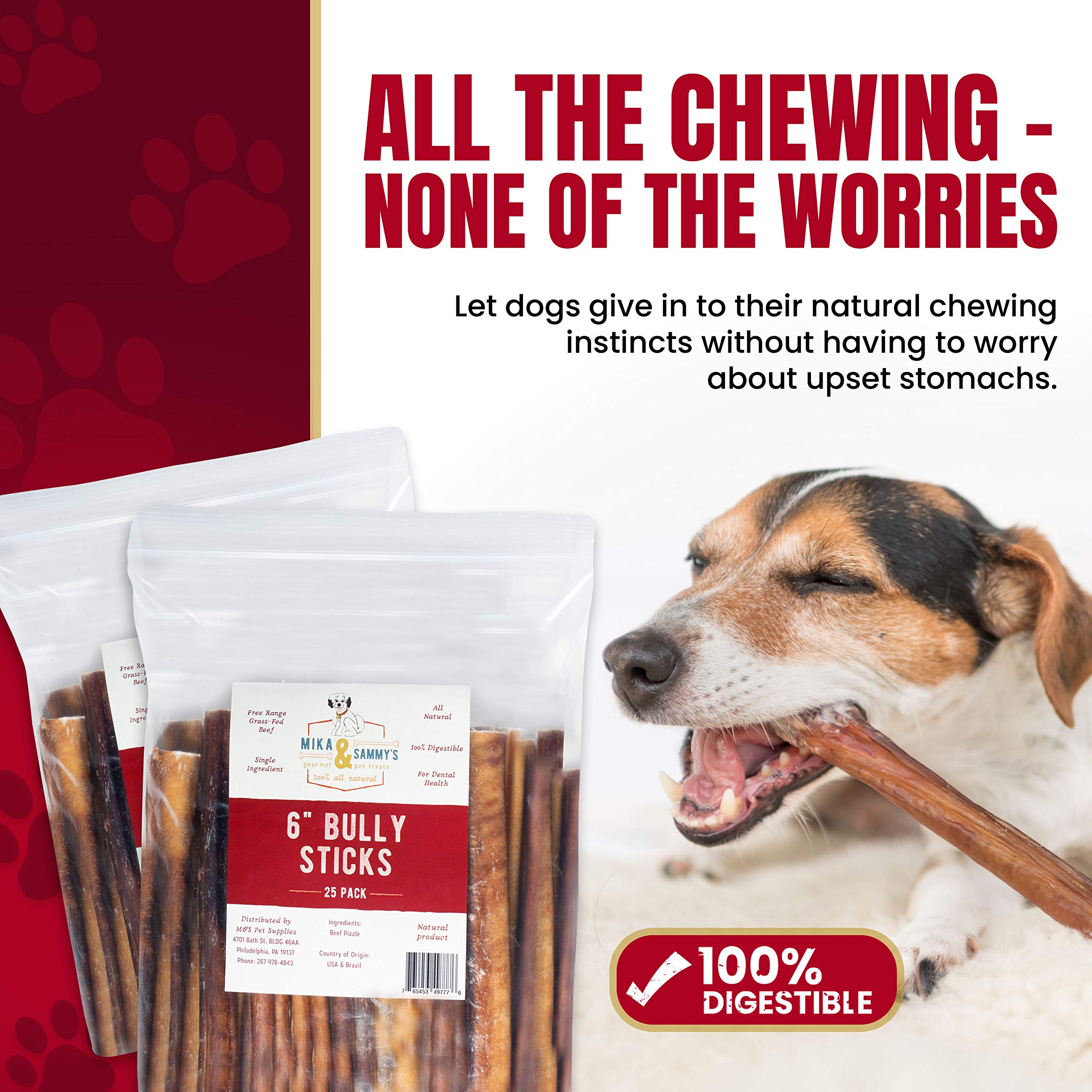 Mika & Sammy's 6 Inch Regular All Natural Bully Sticks for Small & Medium Dogs (6 Inch 25 Pack)