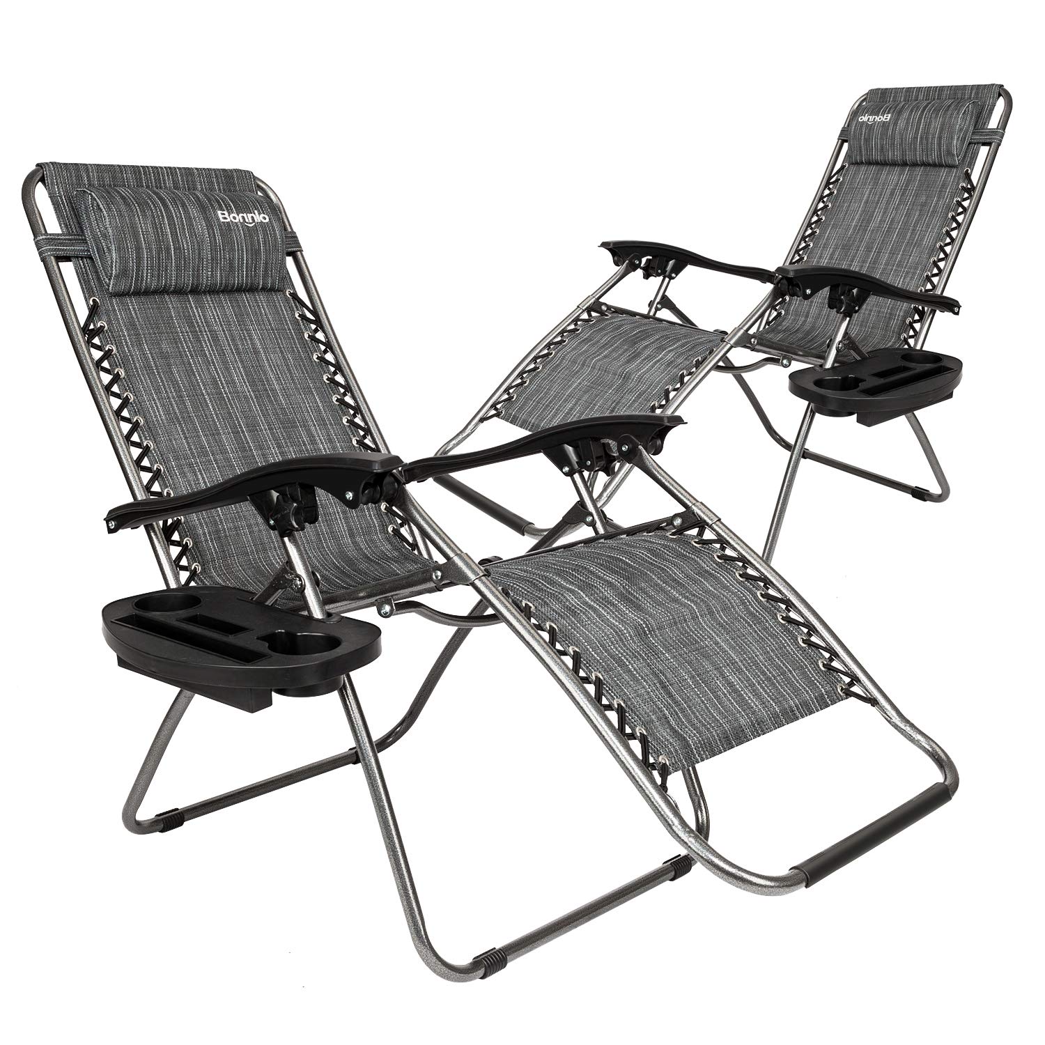 Bonnlo Set of 2 Adjustable Steel Mesh Zero Gravity Lounge Chair with Pillow and Utility Tray Adjustable Folding Recliner for Deck,Patio,Beach,Yard