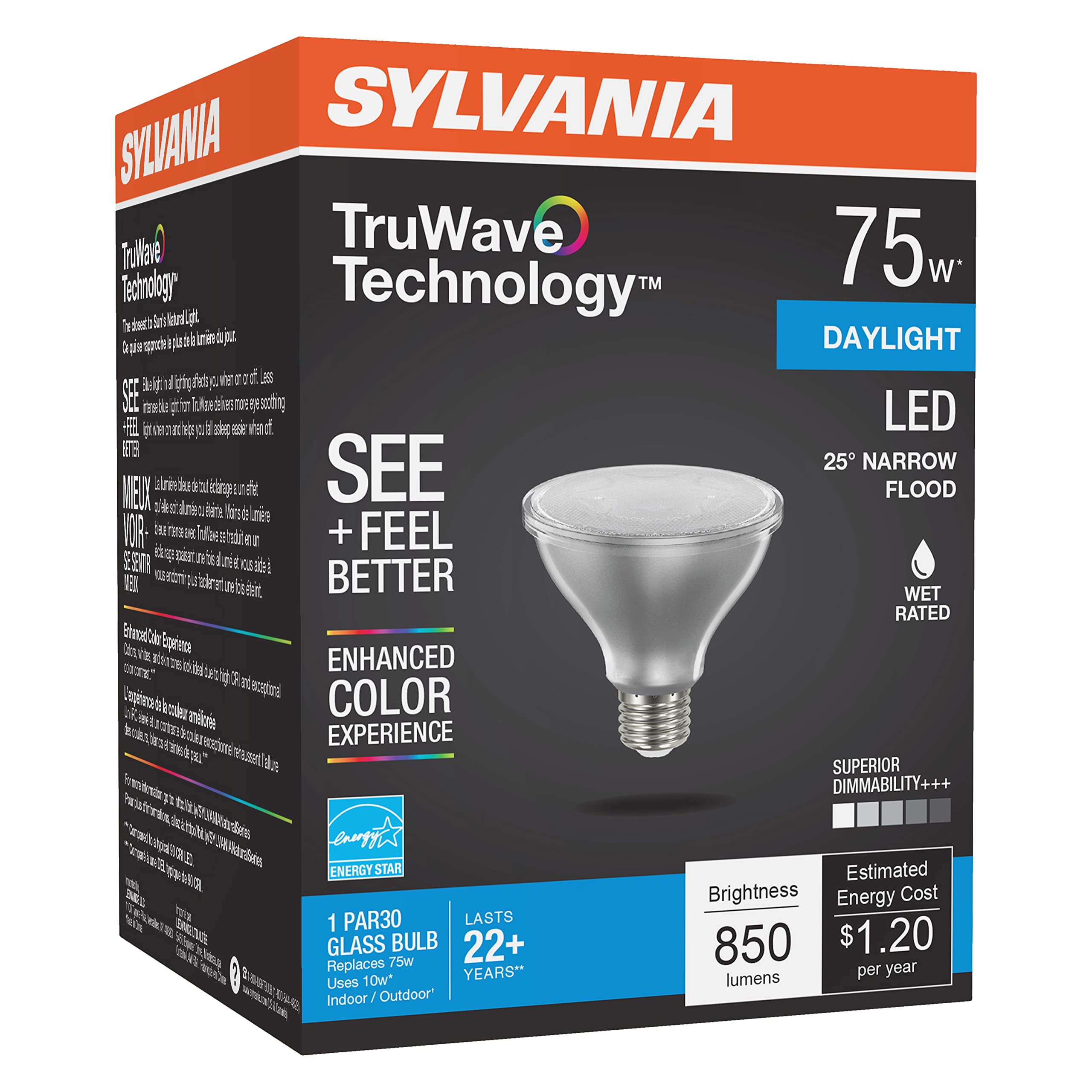 Sylvania LED TruWave Natural Series PAR30 Light Bulb, 75W Equivalent Efficient 9W, Medium Base, Dimmable, 5000K, Daylight - 1 Pack (40915)