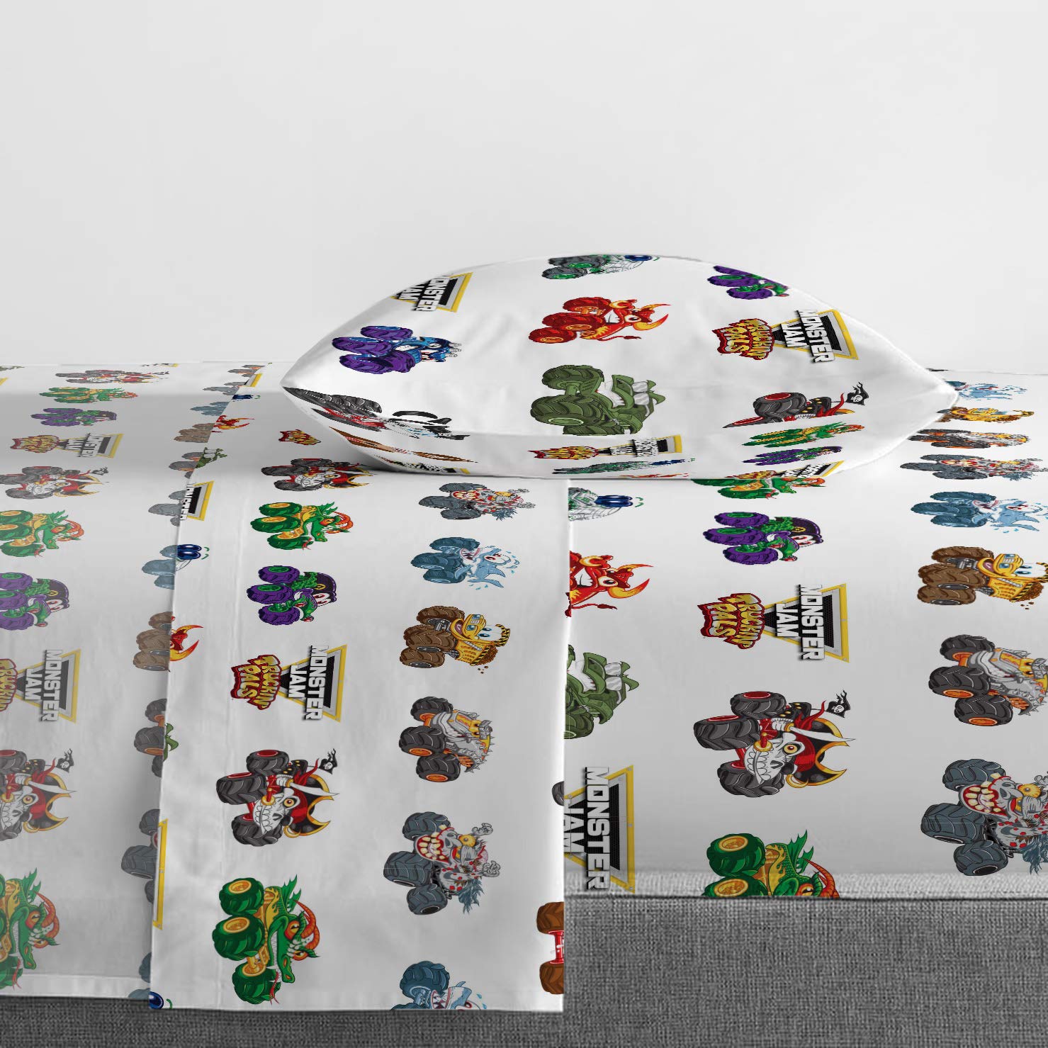 Monster Jam Truckin Pals Toddler Sheet Set - 3 Piece Set Super Soft and Cozy Kid’s Bedding Features Grave Digger & Megalodon - Fade Resistant Microfiber Sheets (Official Monster Jam Product)