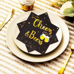 Cheers Beers Birthday Party Supplies,Black and Gold Tablewares(Plates and Napkins),Cheers Beers and Beer Mugs Design Perfect for Graduation Wedding Anniversary Christmas Party Supplies (16 Guest)