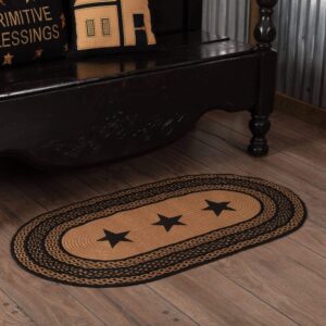 VHC Brands Farmhouse Primitive Jute Black Stenciled Stars Accent Rug Oval w/ Floor Pad 27"x48"