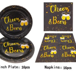 Cheers Beers Birthday Party Supplies,Black and Gold Tablewares(Plates and Napkins),Cheers Beers and Beer Mugs Design Perfect for Graduation Wedding Anniversary Christmas Party Supplies (16 Guest)