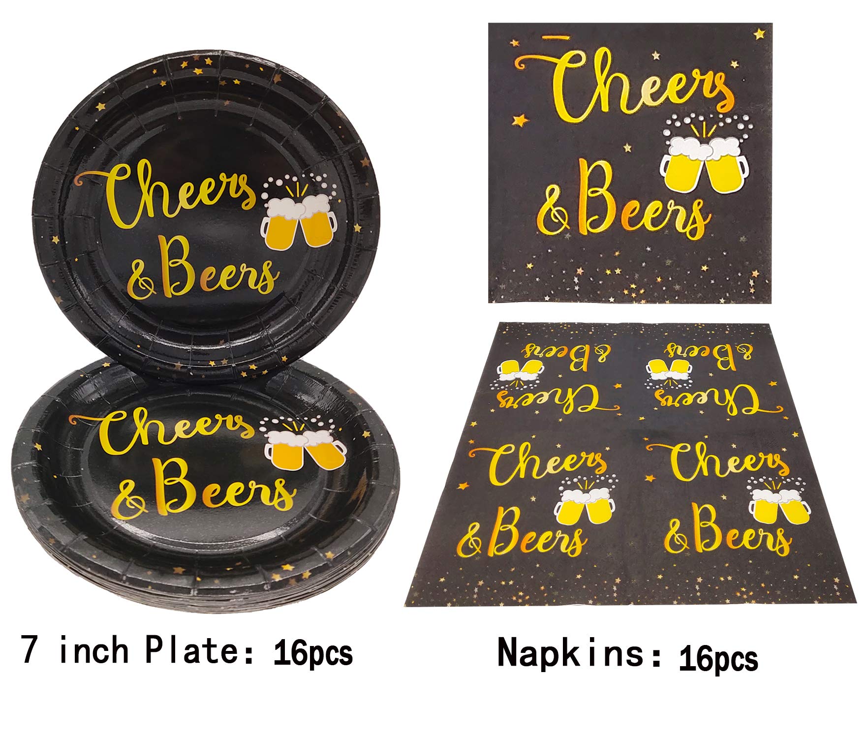 Cheers Beers Birthday Party Supplies,Black and Gold Tablewares(Plates and Napkins),Cheers Beers and Beer Mugs Design Perfect for Graduation Wedding Anniversary Christmas Party Supplies (16 Guest)