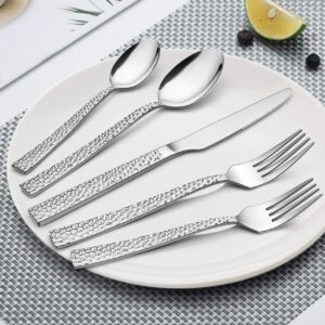 LIANYU 60-Piece Silverware Set for 12, Stainless Steel Flatware Set, Hammered Square Cutlery Eating Utensils Set for Home Party Wedding, Dishwasher Safe, Mirror Finished