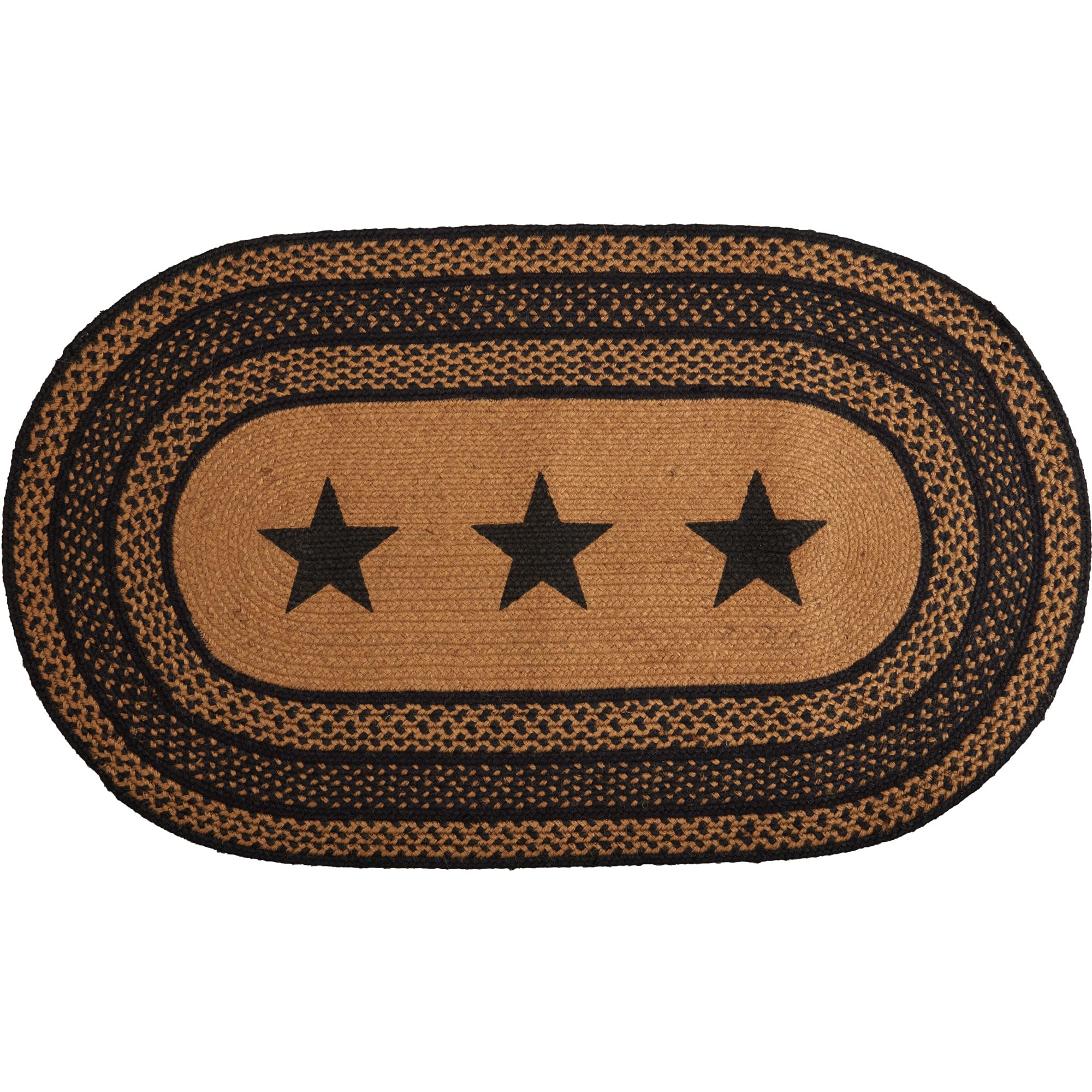 VHC Brands Farmhouse Primitive Jute Black Stenciled Stars Accent Rug Oval w/ Floor Pad 27"x48"