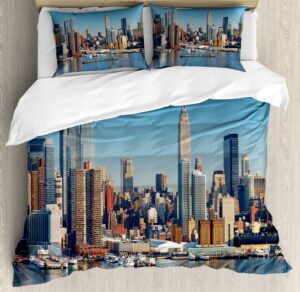 ambesonne new york duvet cover set, photography of urban city skyline manhattan with building over river panorama print, decorative 3 piece bedding set with 2 pillow shams, california king, blue grey