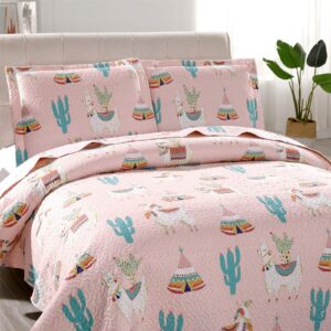 Ycosy Kids Girls Alpaca Cactus Quilt Set Twin Size Llama Bedding Lightweight Animal Cartoon Bedspread Coverlets All Season Bedding Set ，1 Quilt and 2 Pillow Shams