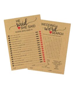 he said she said and wedding word search bridal shower games (50 pack – 2 games in 1 sheet) – bride or groom said it - engagement bachelorette fun party games – guessing activity - kraft rustic