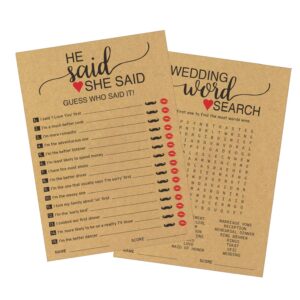 He Said She Said and Wedding Word Search Bridal Shower Games (50 pack – 2 Games in 1 Sheet) – Bride or Groom Said It - Engagement Bachelorette Fun Party Games – Guessing Activity - Kraft Rustic