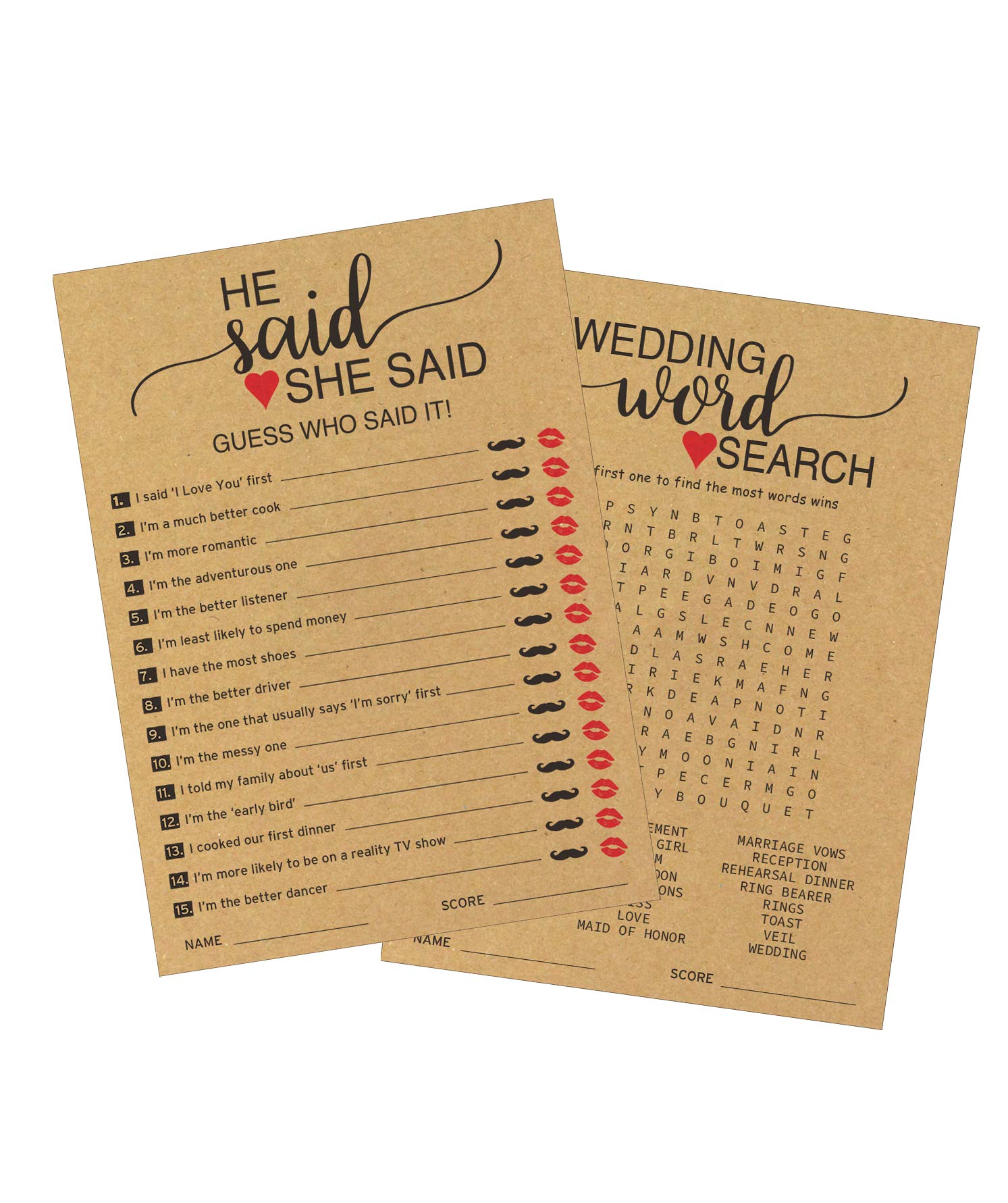 He Said She Said and Wedding Word Search Bridal Shower Games (50 pack – 2 Games in 1 Sheet) – Bride or Groom Said It - Engagement Bachelorette Fun Party Games – Guessing Activity - Kraft Rustic