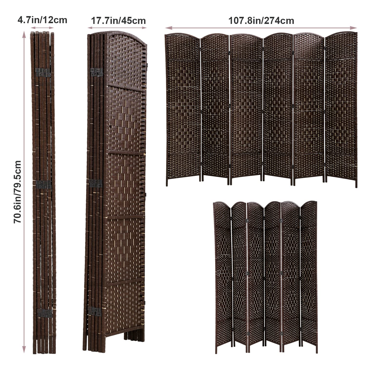 6 Panel Wood Room Divider, 6 Ft Tall Privacy Wall Divider Folding Wood Screen, Each Panel for Home Office Bedroom Restaurant, Best Home Foldable Screen, Light and Easy to Move 70.8" H × 17.7" W Brown