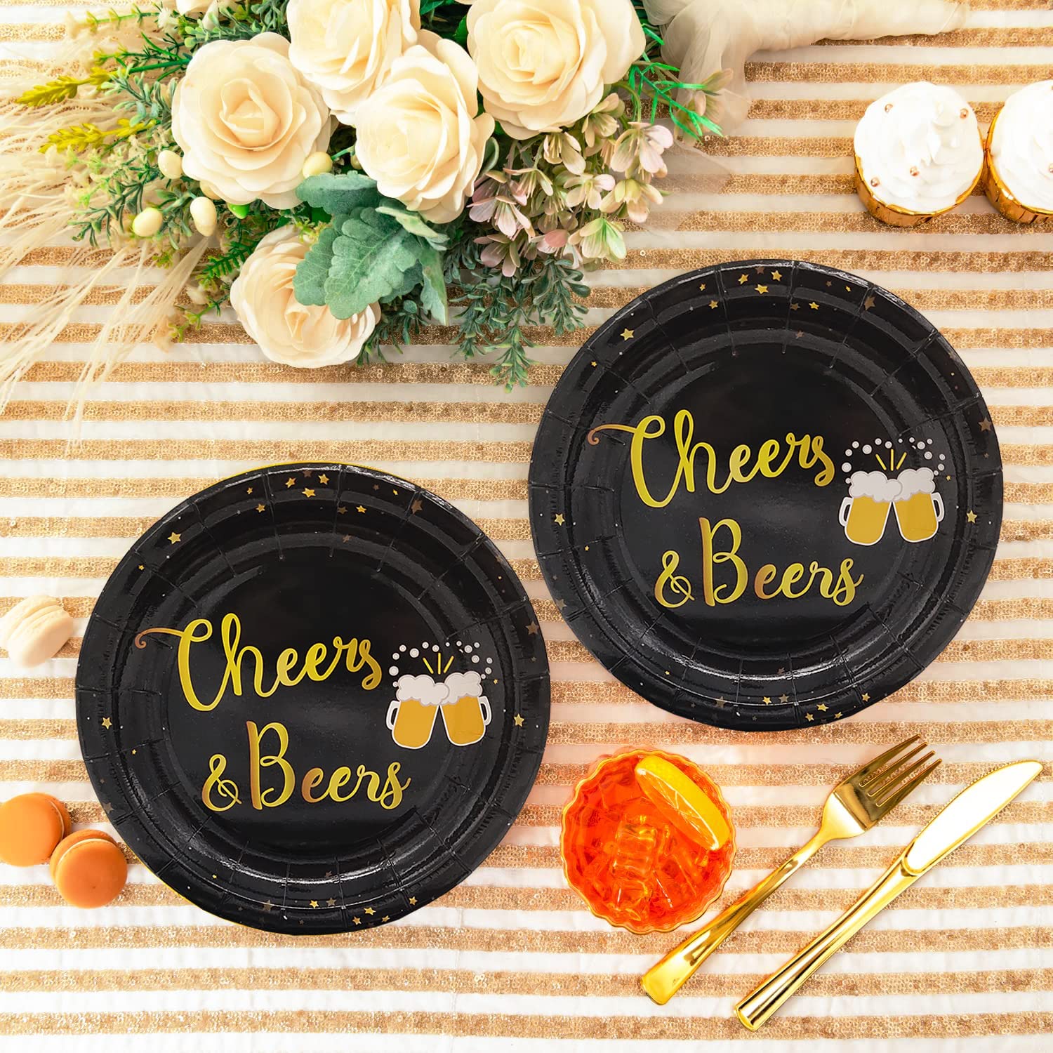 Cheers Beers Birthday Party Supplies,Black and Gold Tablewares(Plates and Napkins),Cheers Beers and Beer Mugs Design Perfect for Graduation Wedding Anniversary Christmas Party Supplies (16 Guest)