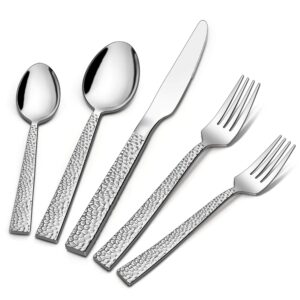 lianyu 60-piece silverware set for 12, stainless steel flatware set, hammered square cutlery eating utensils set for home party wedding, dishwasher safe, mirror finished