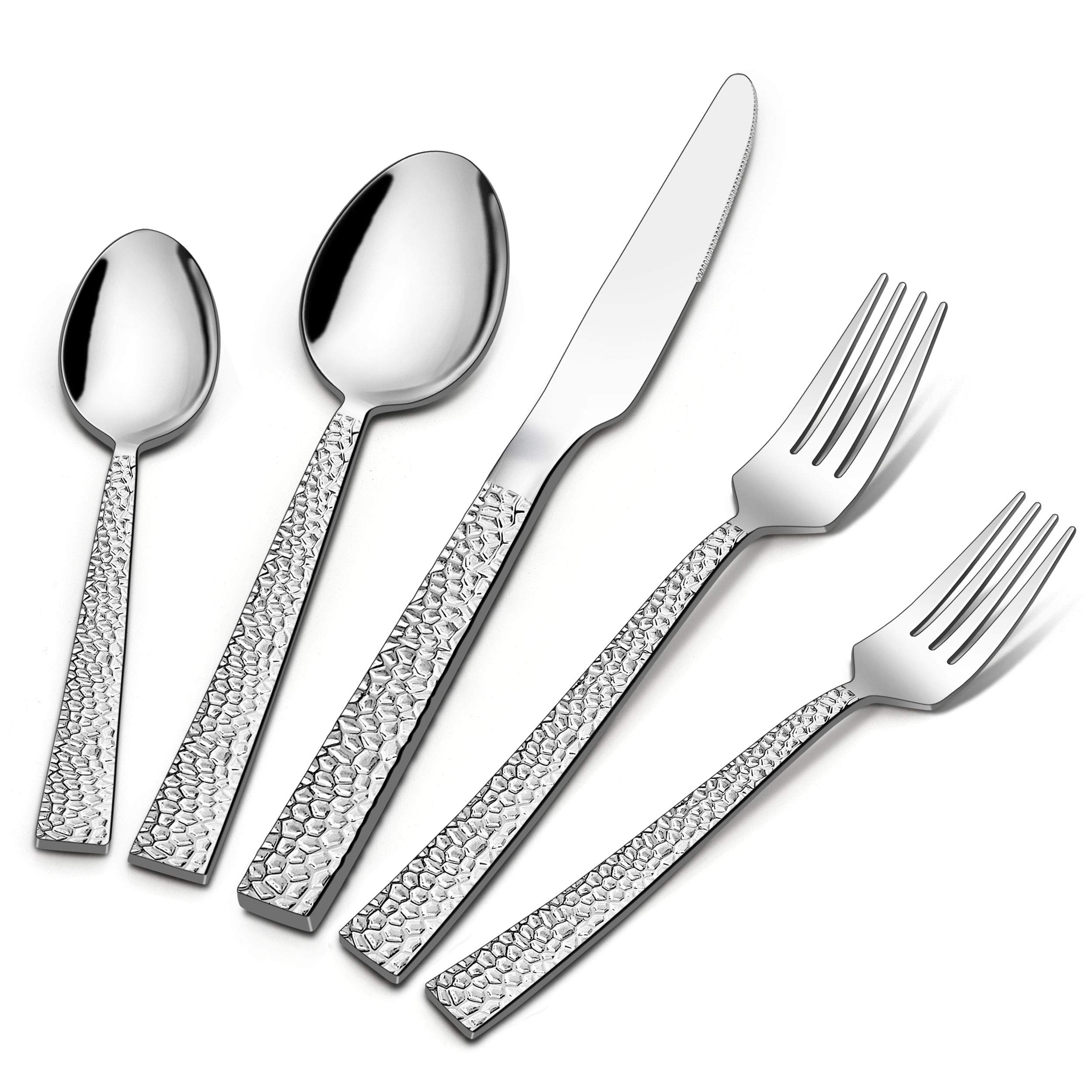 LIANYU 60-Piece Silverware Set for 12, Stainless Steel Flatware Set, Hammered Square Cutlery Eating Utensils Set for Home Party Wedding, Dishwasher Safe, Mirror Finished