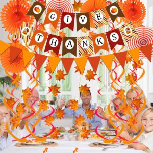 Give Thanks Banner Orange Paper Triangle Flag Bunting Maple Leaf Hanging Garland and Paper Fan Flower Swirl Streamers for Thanksgiving Theme Party Decoration