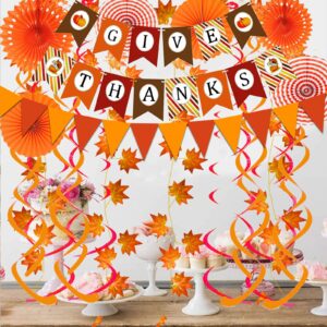 Give Thanks Banner Orange Paper Triangle Flag Bunting Maple Leaf Hanging Garland and Paper Fan Flower Swirl Streamers for Thanksgiving Theme Party Decoration