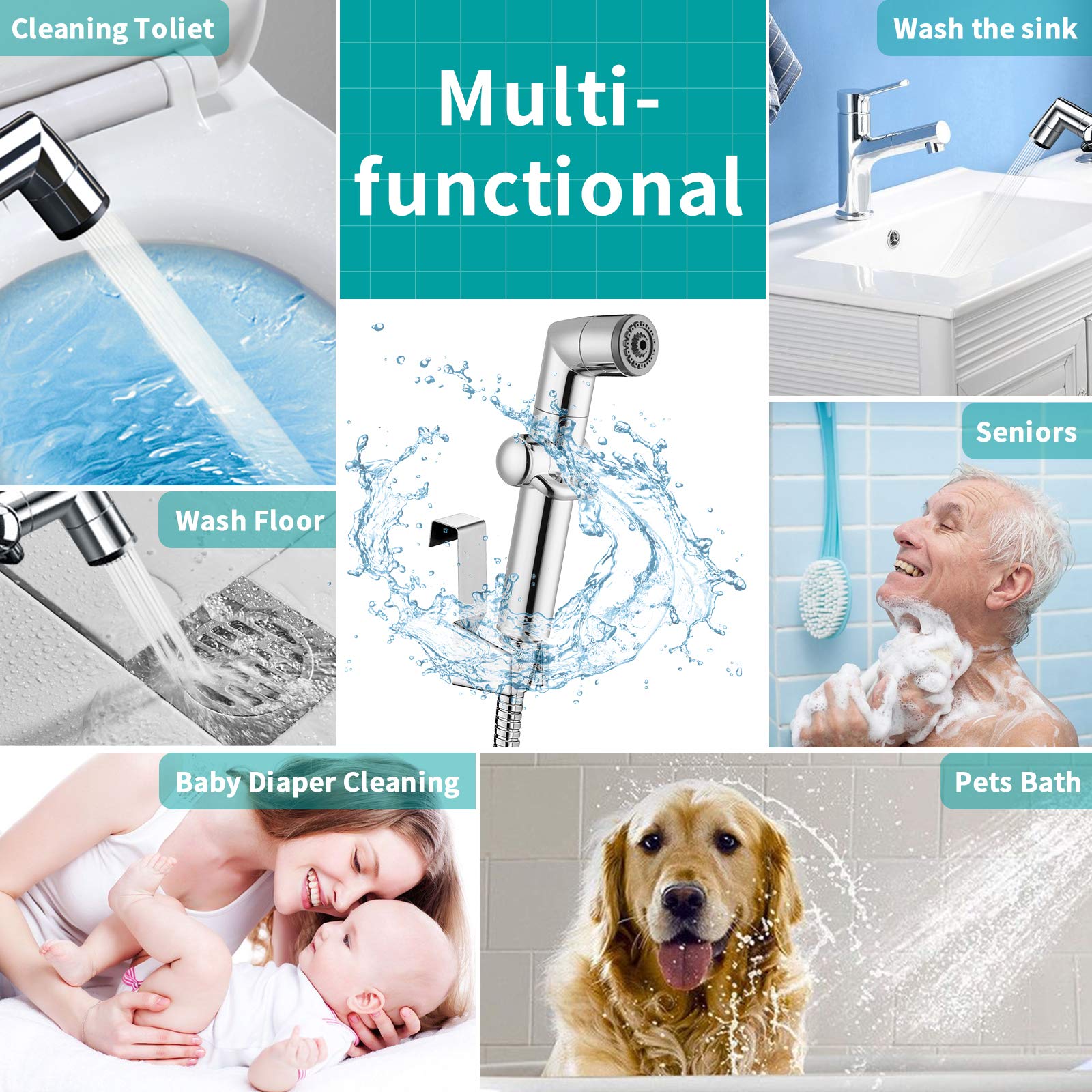 MIAOHUI Muslim Shower, Handheld Bidet Sprayer for Toilet, Cloth Diaper Sprayer for Toilet, Toilet Sprayer Attachment, Health Faucet, Bum Gun with Hose and Holder, Wall or Toilet Mount (Chrome)