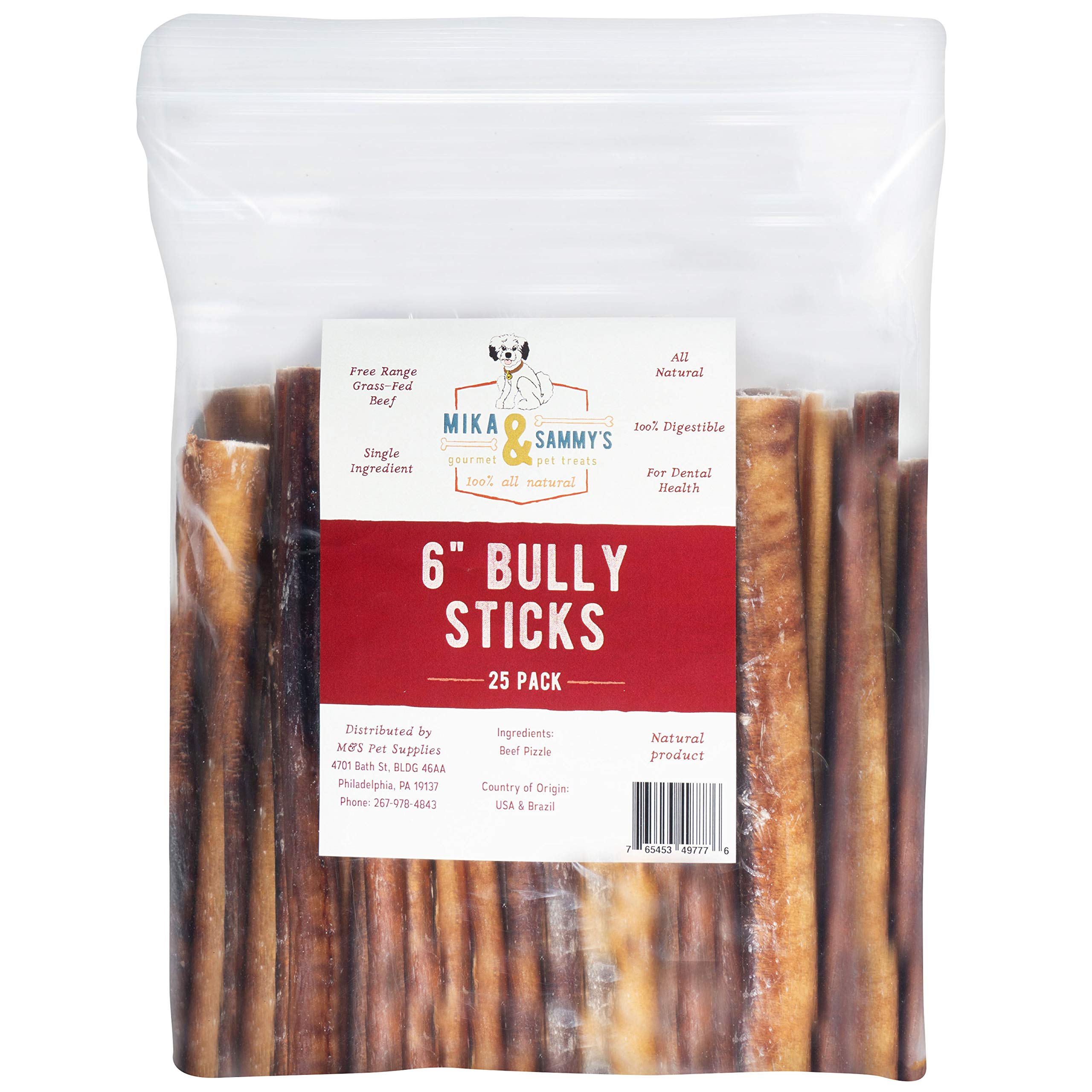 Mika & Sammy's 6 Inch Regular All Natural Bully Sticks for Small & Medium Dogs (6 Inch 25 Pack)