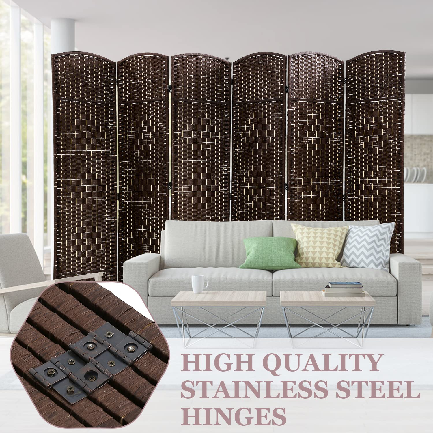 6 Panel Wood Room Divider, 6 Ft Tall Privacy Wall Divider Folding Wood Screen, Each Panel for Home Office Bedroom Restaurant, Best Home Foldable Screen, Light and Easy to Move 70.8" H × 17.7" W Brown