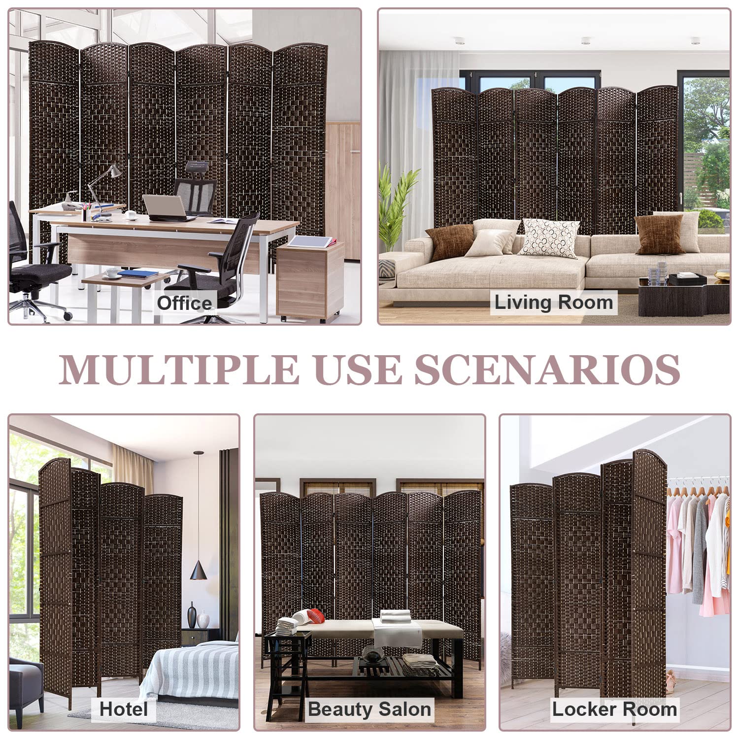 6 Panel Wood Room Divider, 6 Ft Tall Privacy Wall Divider Folding Wood Screen, Each Panel for Home Office Bedroom Restaurant, Best Home Foldable Screen, Light and Easy to Move 70.8" H × 17.7" W Brown