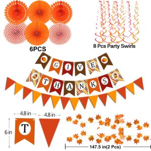 Give Thanks Banner Orange Paper Triangle Flag Bunting Maple Leaf Hanging Garland and Paper Fan Flower Swirl Streamers for Thanksgiving Theme Party Decoration