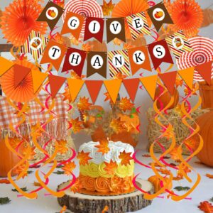 Give Thanks Banner Orange Paper Triangle Flag Bunting Maple Leaf Hanging Garland and Paper Fan Flower Swirl Streamers for Thanksgiving Theme Party Decoration