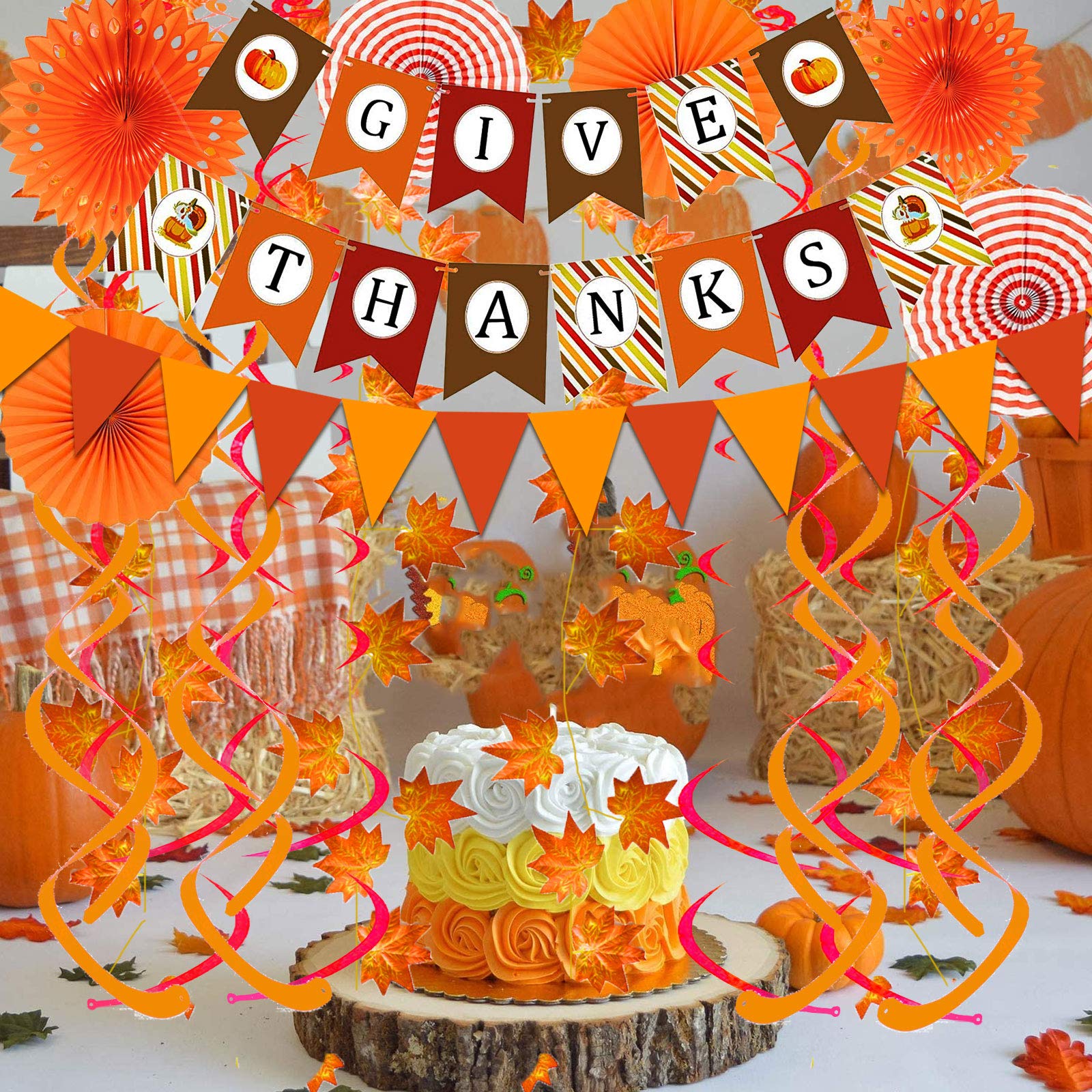 Give Thanks Banner Orange Paper Triangle Flag Bunting Maple Leaf Hanging Garland and Paper Fan Flower Swirl Streamers for Thanksgiving Theme Party Decoration