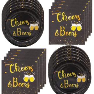 Cheers Beers Birthday Party Supplies,Black and Gold Tablewares(Plates and Napkins),Cheers Beers and Beer Mugs Design Perfect for Graduation Wedding Anniversary Christmas Party Supplies (16 Guest)