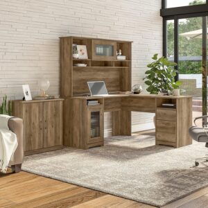 Bush Furniture Cabot L Shaped Desk with Hutch and Small Storage Cabinet with Doors in Reclaimed Pine