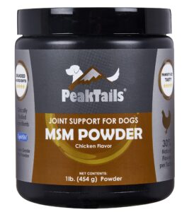 kala health peaktails chicken flavored msm powder for dogs, 1 lb, hip and joint support supplement, 99.9% pure distilled msm, made in the usa