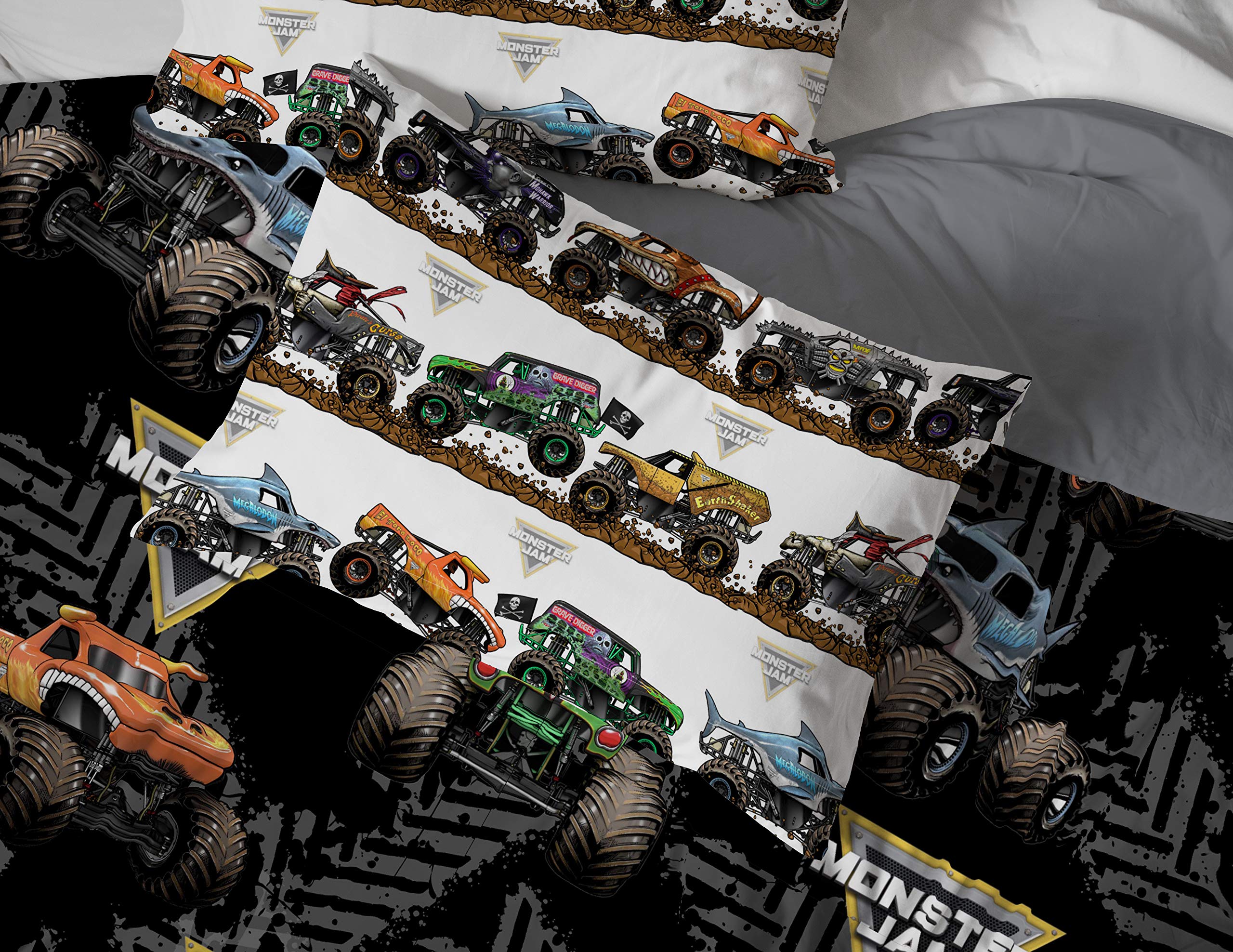 Jay Franco Monster Jam Tracks 5 Piece Full Bed Set - Includes Comforter & Sheet Set - Bedding Features Grave Digger &,Megalodon - Super Soft Fade Resistant Microfiber (Official Monster Jam Product)