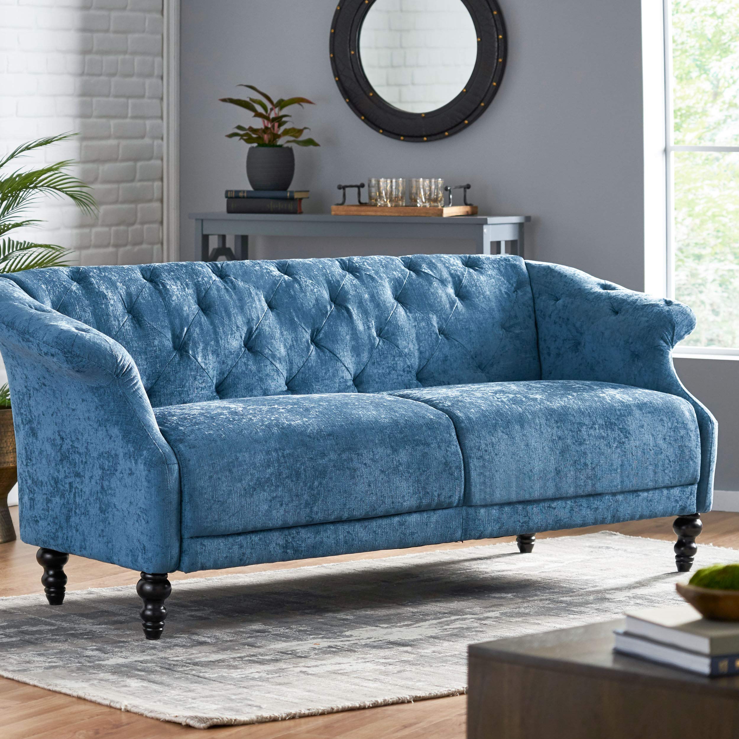 Christopher Knight Home Morganton 3 Seater Sofa, Navy Blue + Dark Brown