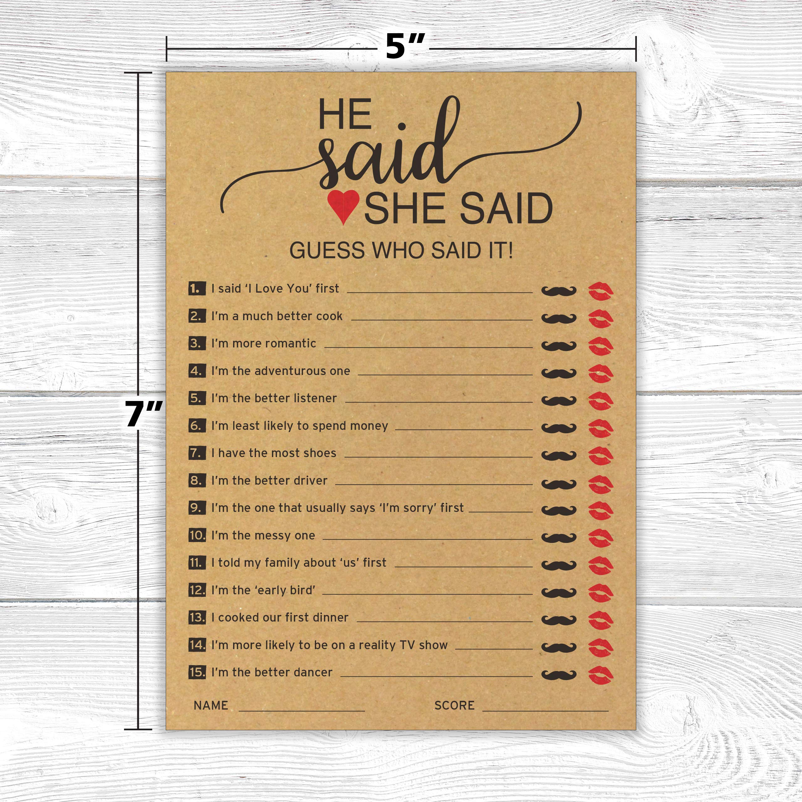 He Said She Said and Wedding Word Search Bridal Shower Games (50 pack – 2 Games in 1 Sheet) – Bride or Groom Said It - Engagement Bachelorette Fun Party Games – Guessing Activity - Kraft Rustic