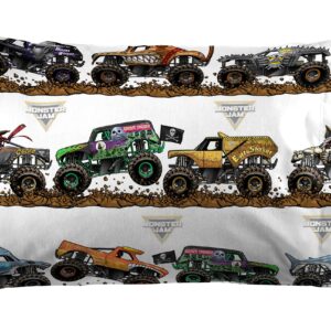 Jay Franco Monster Jam Truckin' Pals Twin Sheet Set - 3 Piece Set Super Soft and Cozy Kid’s Bedding Features Grave Digger & Megalodon - Fade Resistant Microfiber Sheets