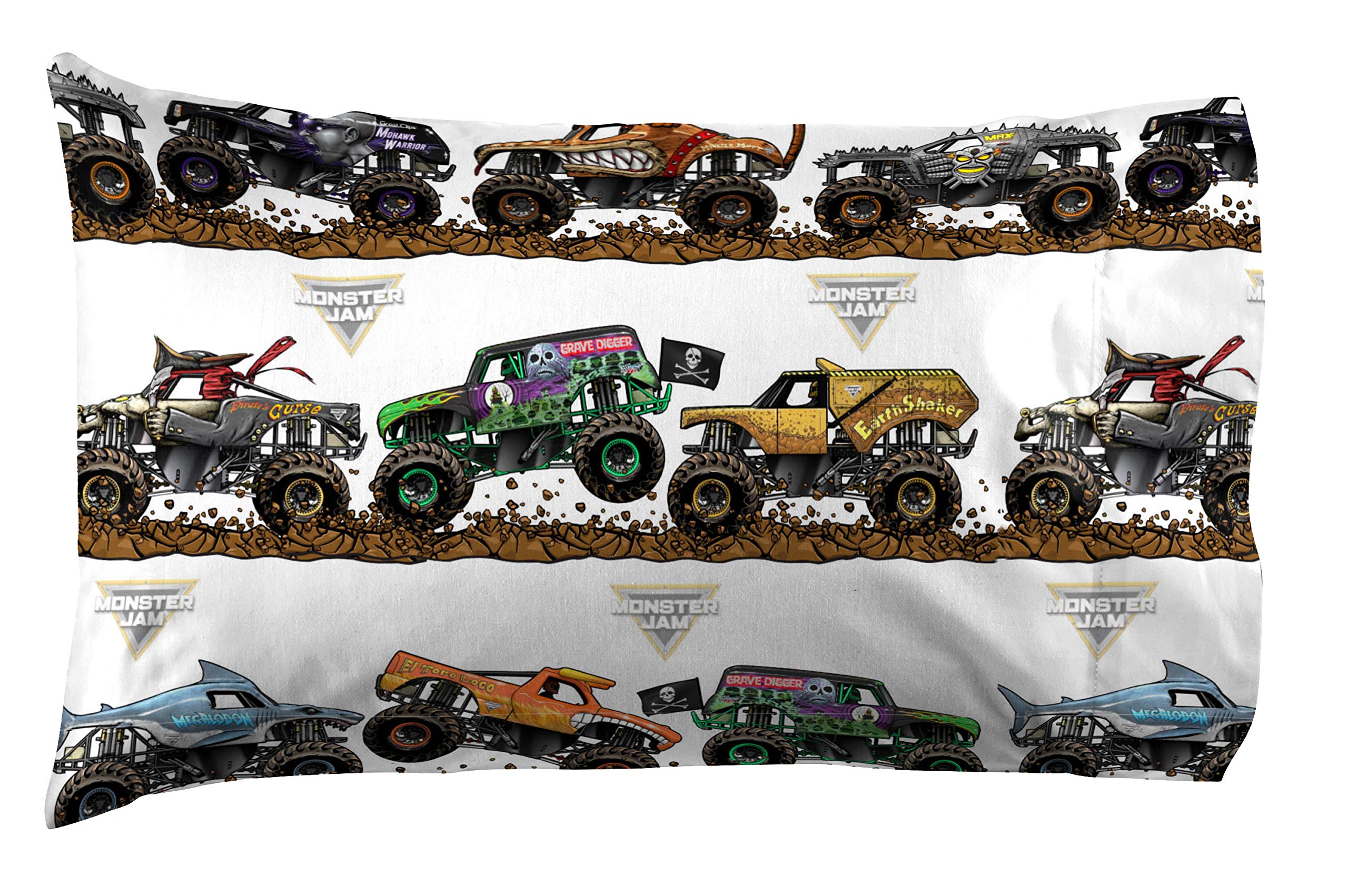 Jay Franco Monster Jam Truckin' Pals Twin Sheet Set - 3 Piece Set Super Soft and Cozy Kid’s Bedding Features Grave Digger & Megalodon - Fade Resistant Microfiber Sheets